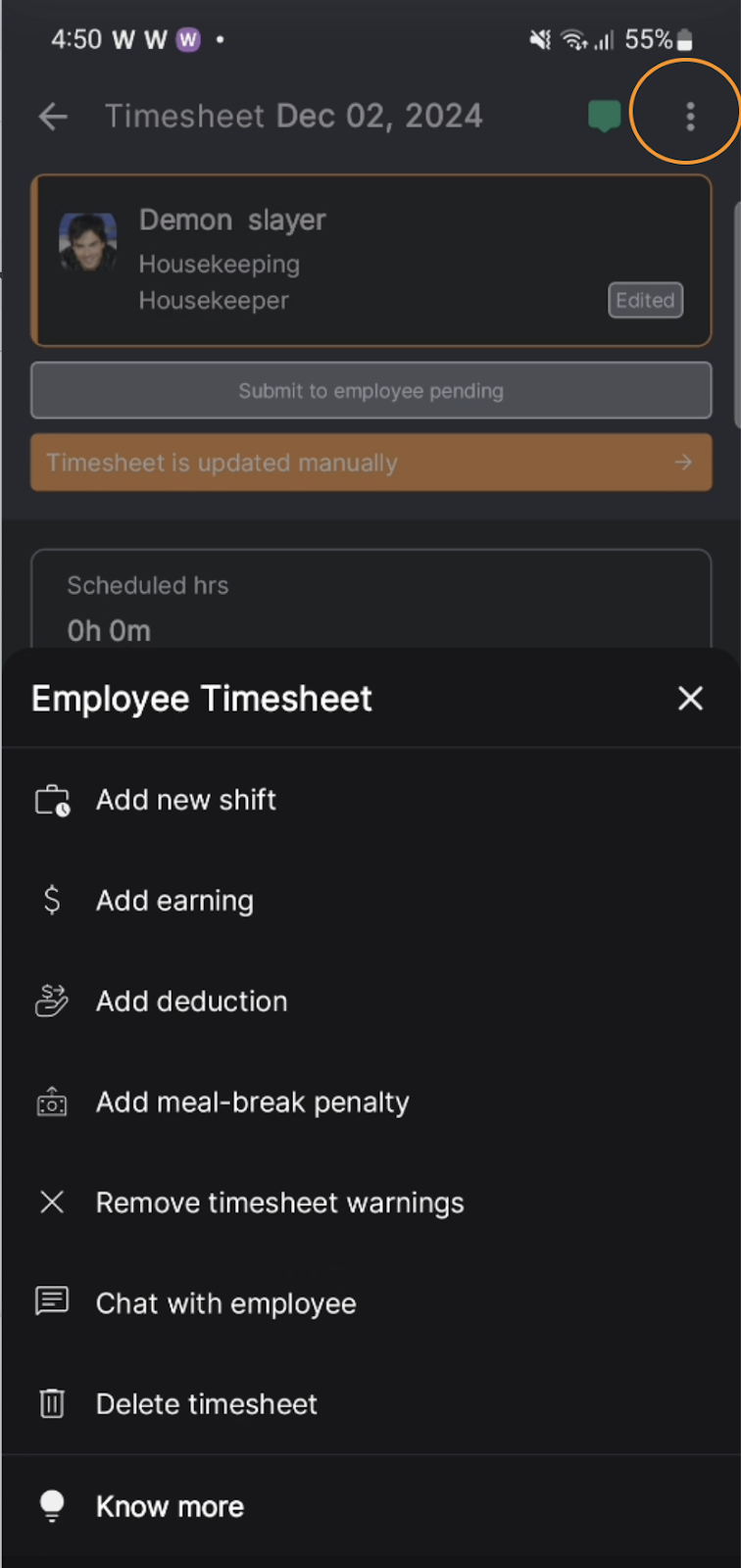 How to update a timesheet manually for an employee on the mobile ...